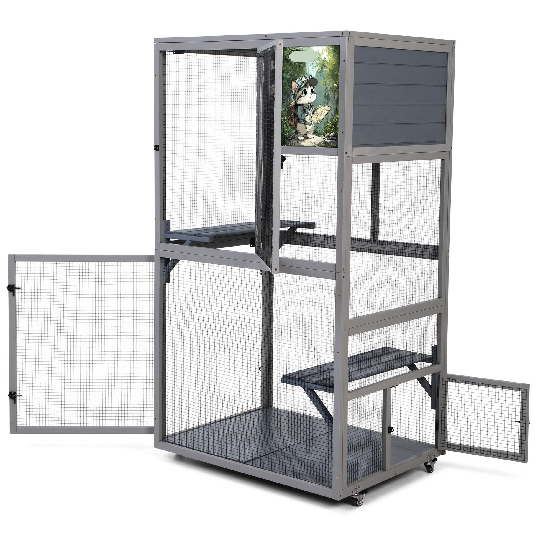 Ebern Designs Dark Gray 66'' Cat House On Wheels, With Two Platforms ...
