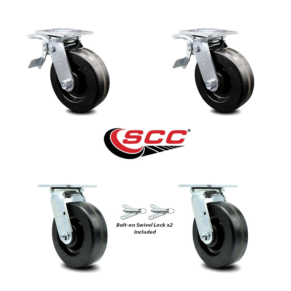 Service Caster 6 Inch Phenolic Caster Set with Roller Bearings 2 Brakes ...