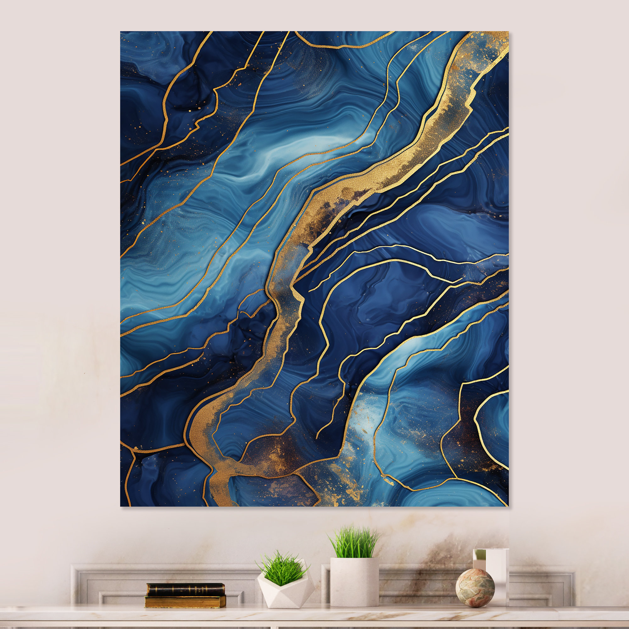 Ivy Bronx Blue And Gold Abstract Marble Mirage V - Marble Wall Decor ...
