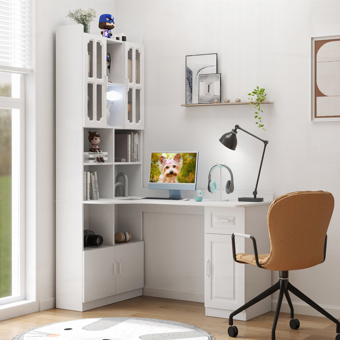 Lark Manor™ L-Shaped Corner Computer Desk with Drawers, Bookshelf and ...