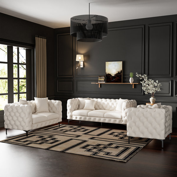 Lark Manor 3 Piece Faux Leather Living Room Sets with Sofa, Loveseat ...