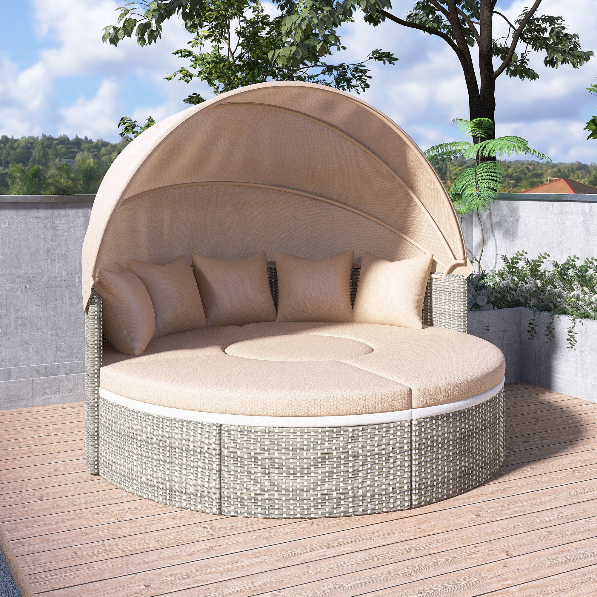 Hokku Designs Patio Round Rattan Daybed Two-Tone Weave Sunbed With Retractable Canopy And ...