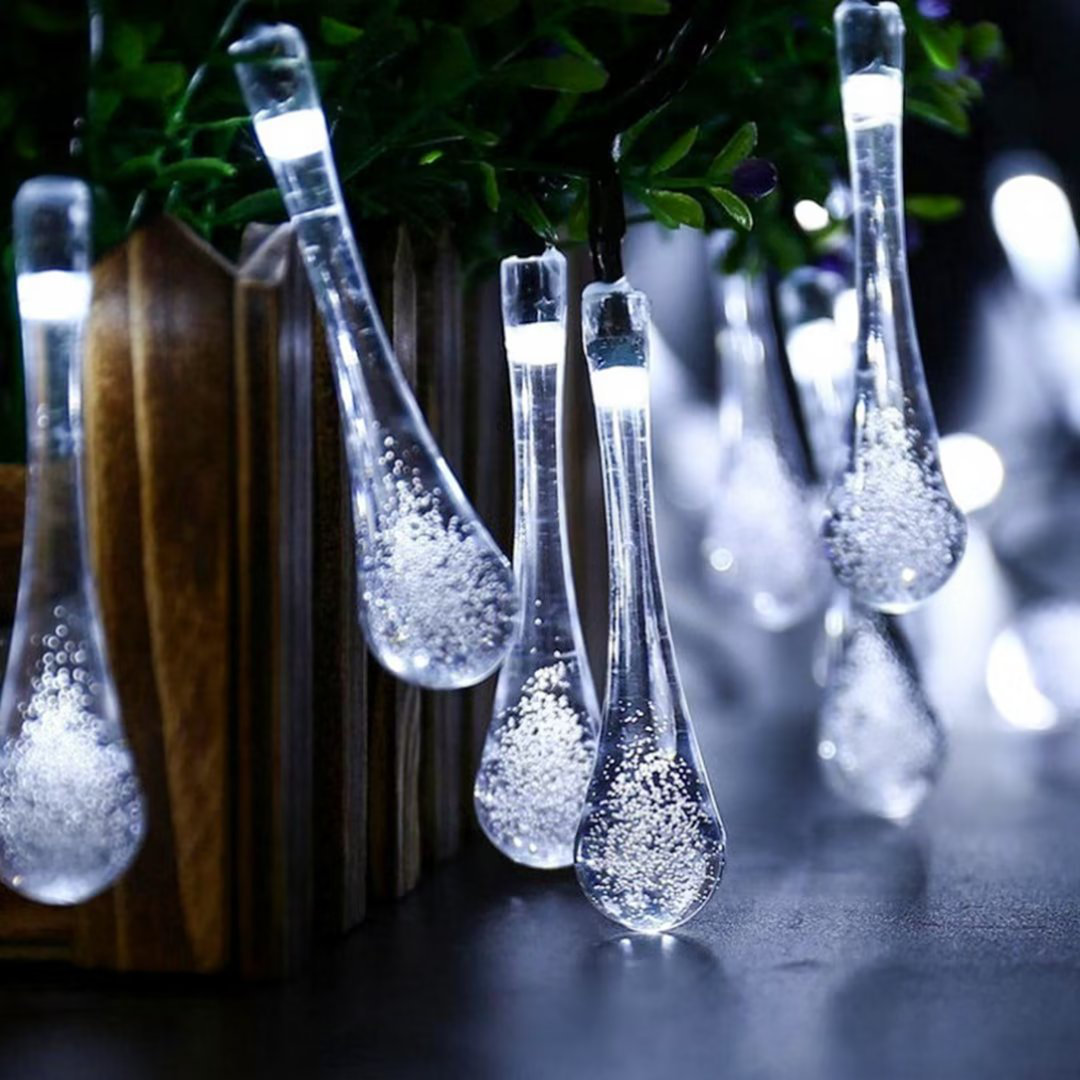 The Holiday Aisle® 22ft 30 LED Water Drop String Lights Solar Powered 8 ...