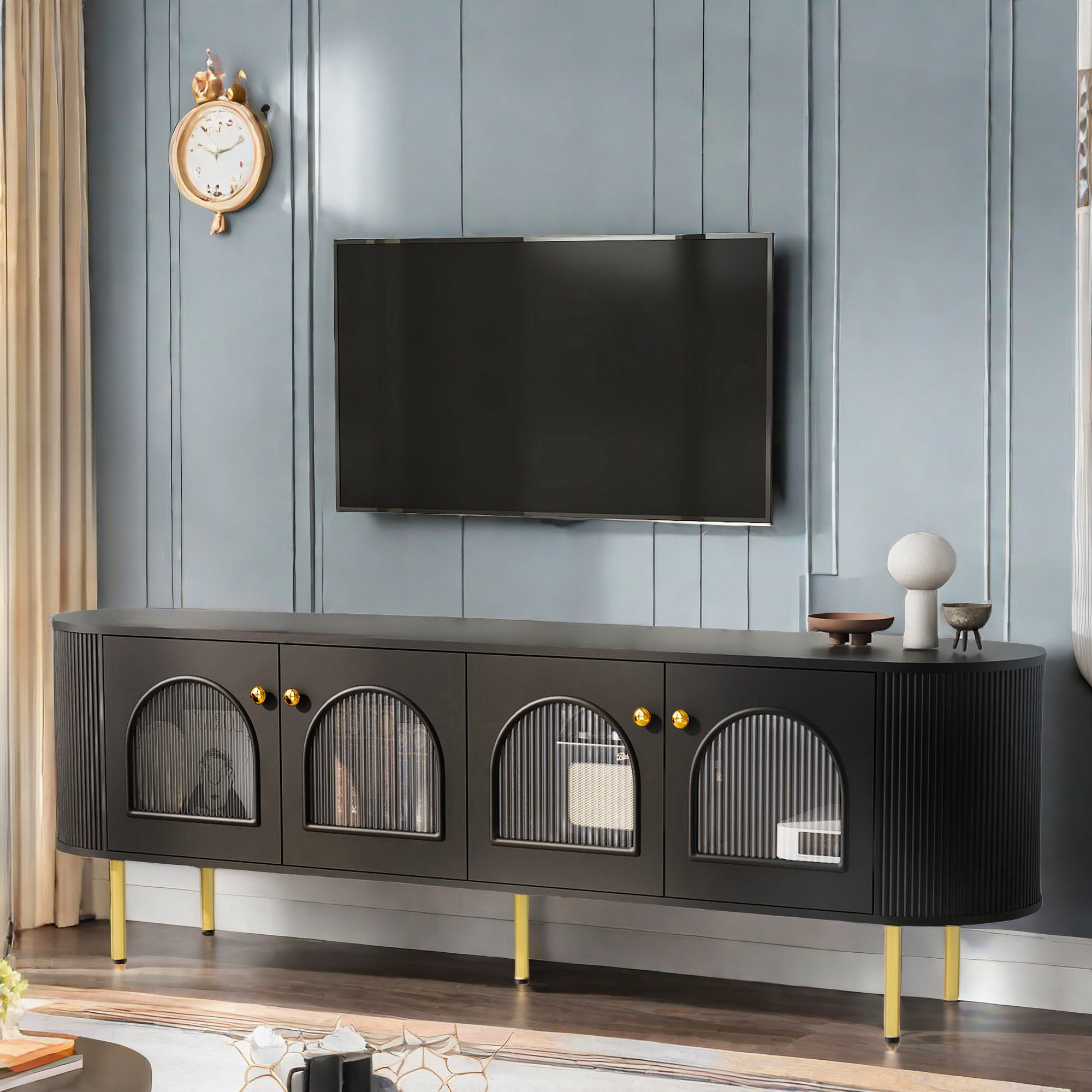 Mercer41 TV Stand With 4 Cabinets, Metal Legs And Handles And Arched ...