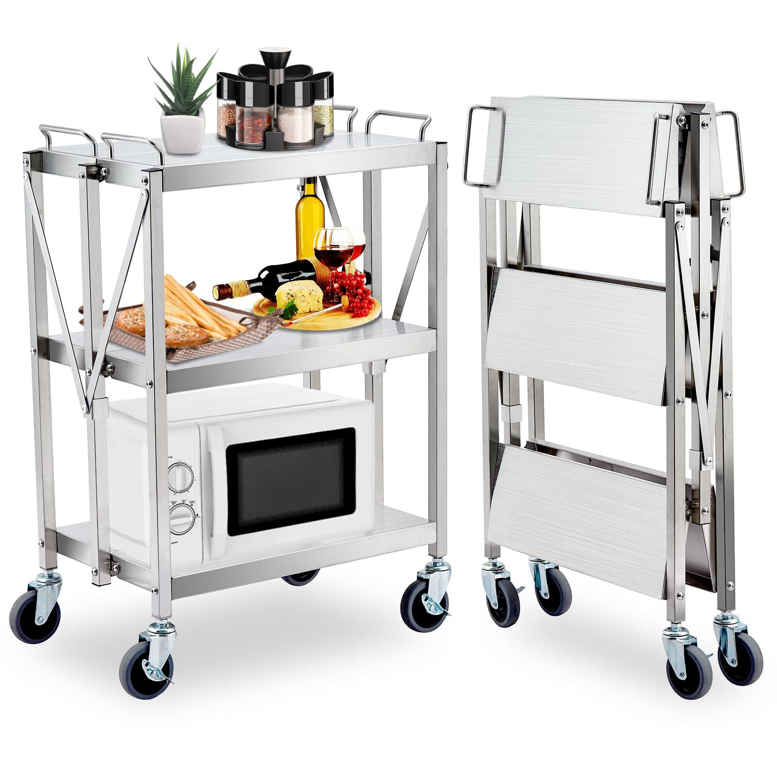 babevy Folding Utility Cart, 3-Tier Stainless Steel Rolling Cart with ...