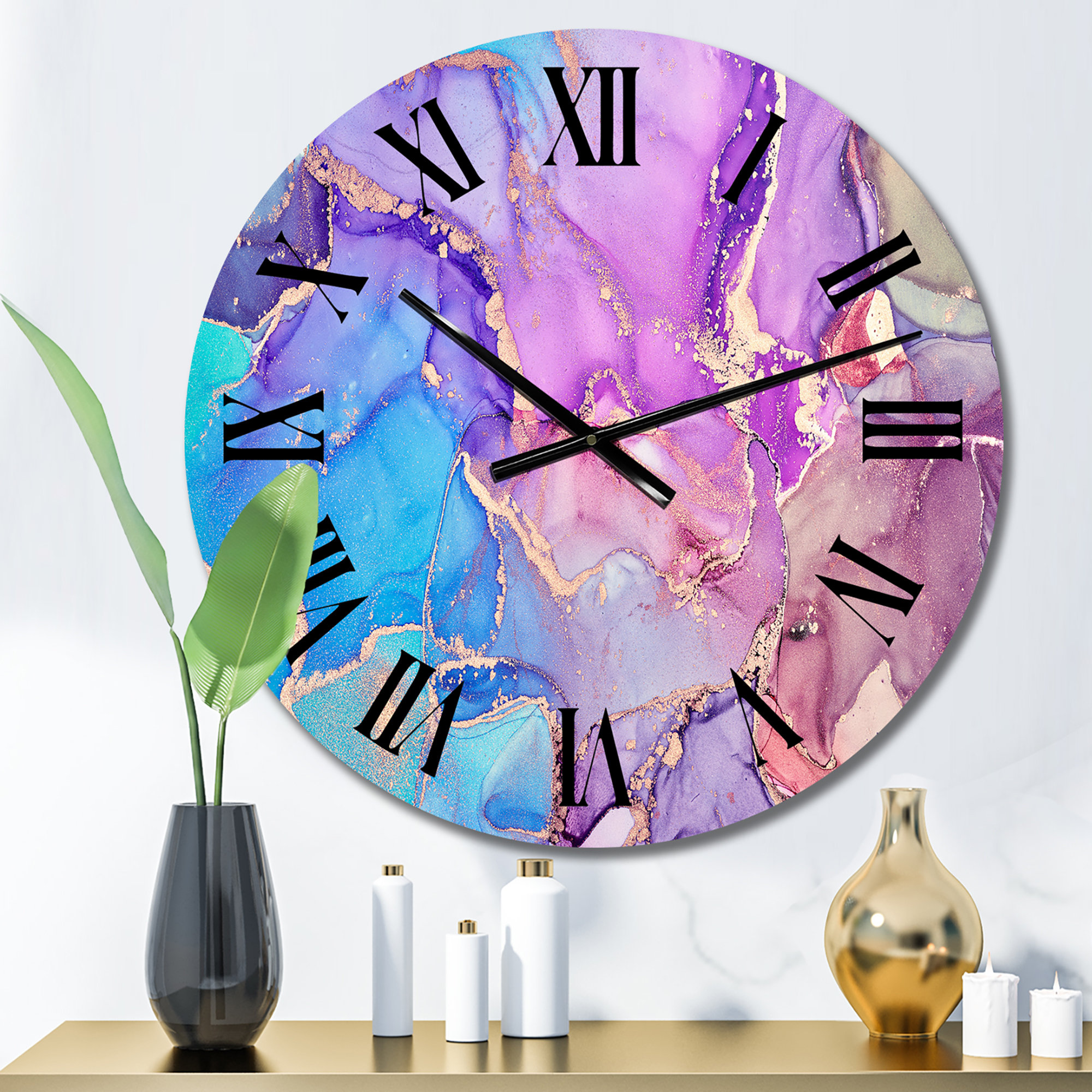 East Urban Home Purple and Blue Liquid Art VI - Modern Wall Clock | Wayfair