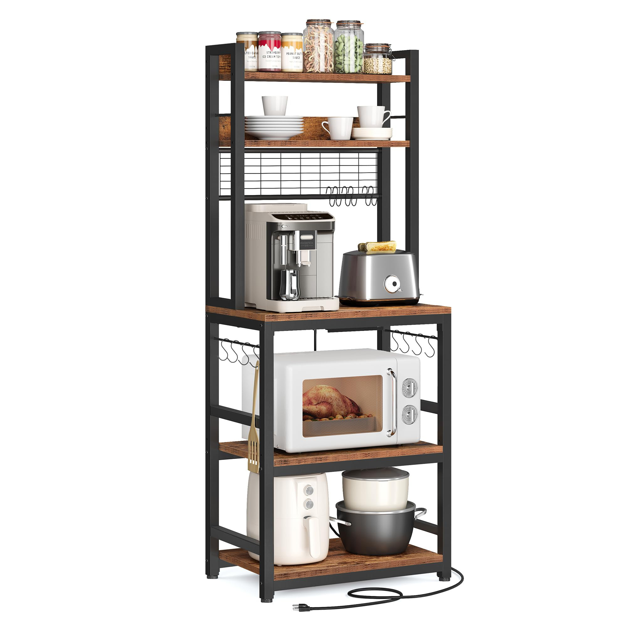 17 Stories Hutch Bakers Rack With Power Outlet, 14 Hooks Microwave ...