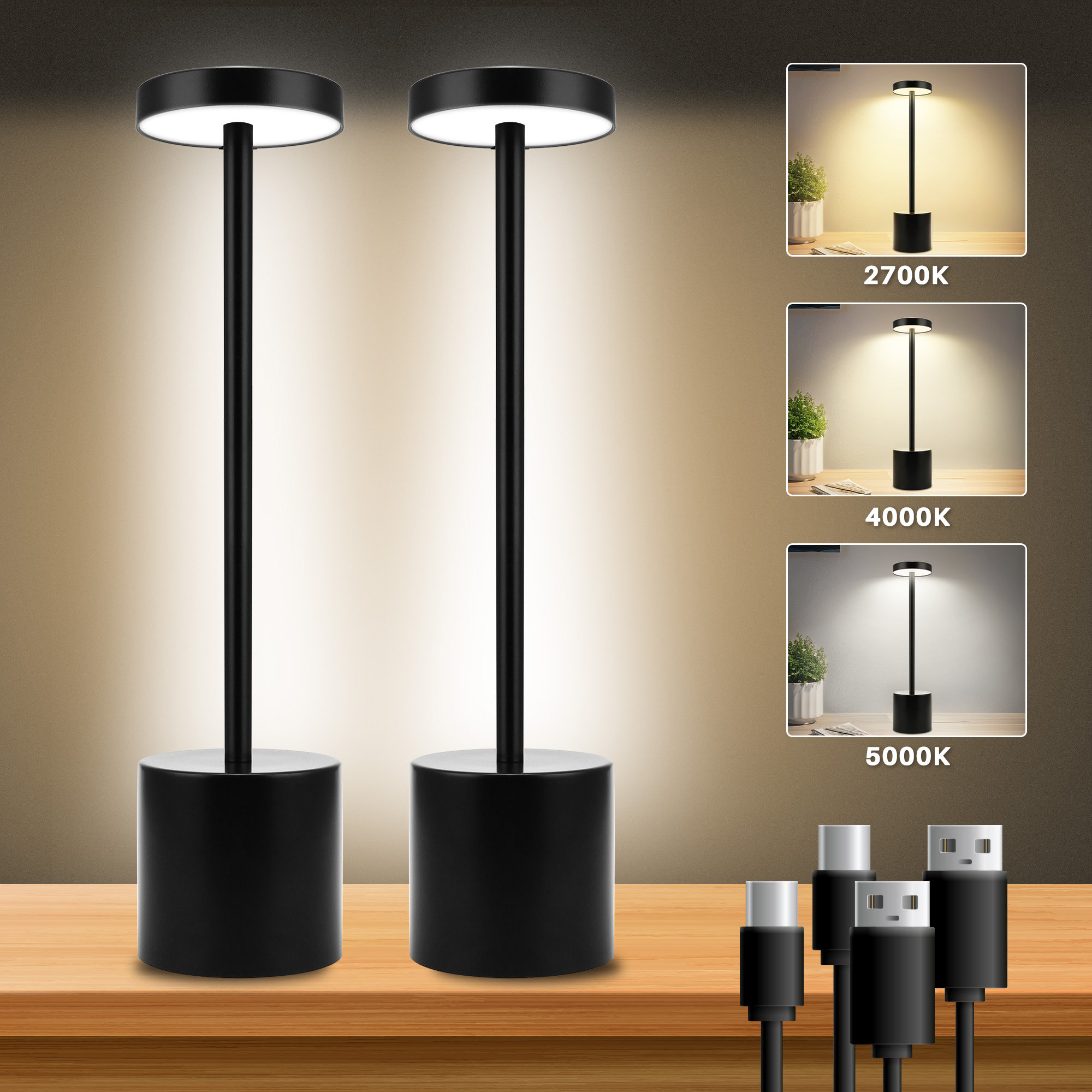 Mercer41 Cordless Table Lamp Touch Rechargeable Desk Lamps 2700K/4000K ...