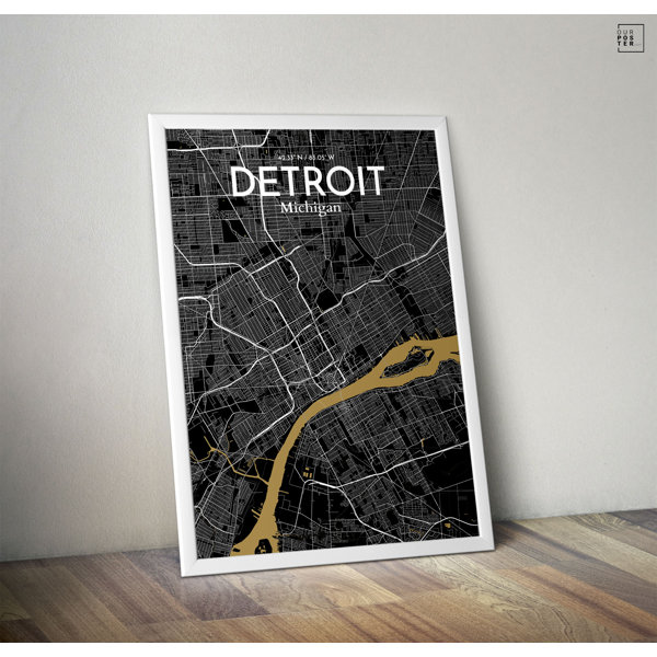 OurPoster.com 'Detroit City Map' Graphic Art Print Poster in Luxe | Wayfair