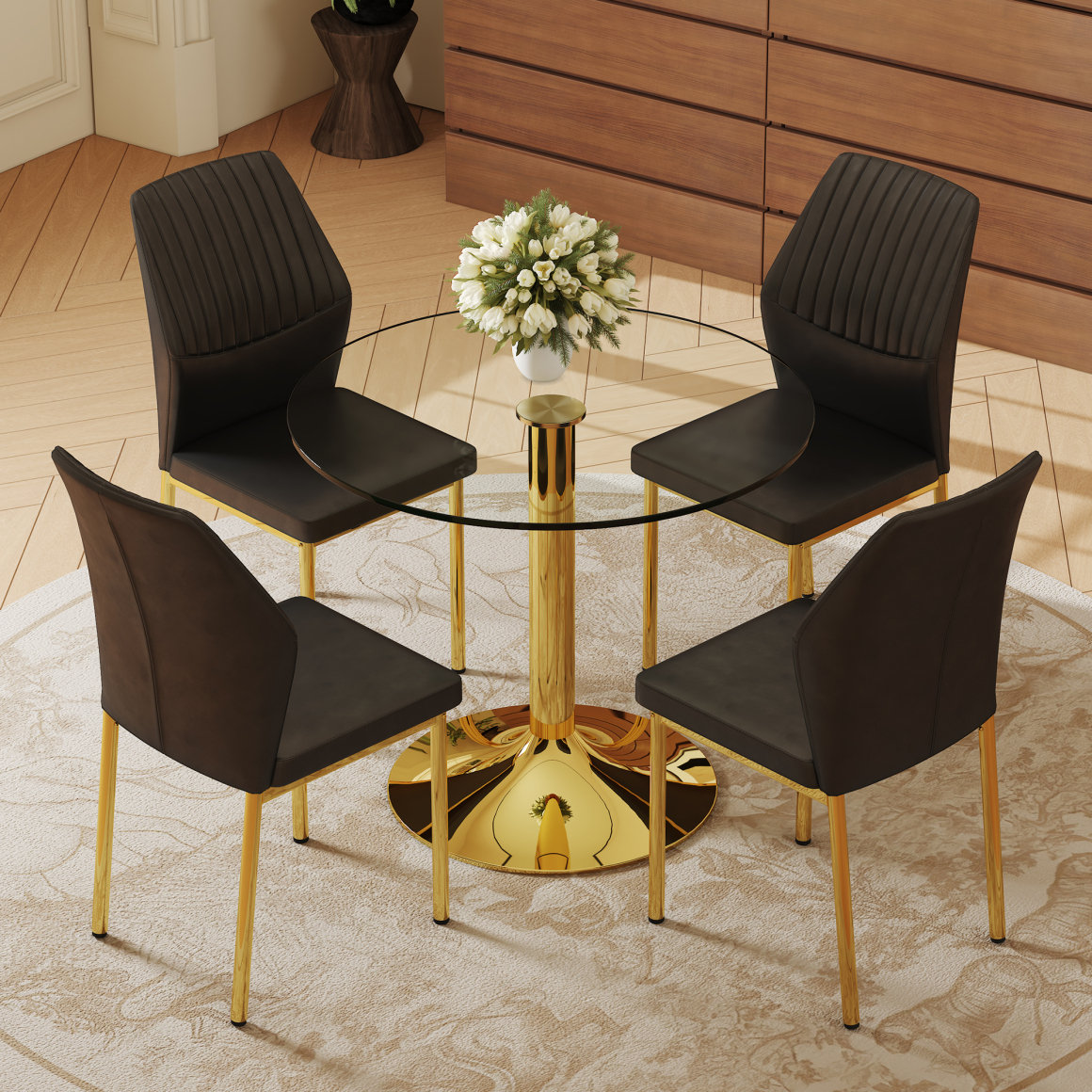Mercer41 Table And Chair Set.A 35" Transparent Tempered Glass Round ...