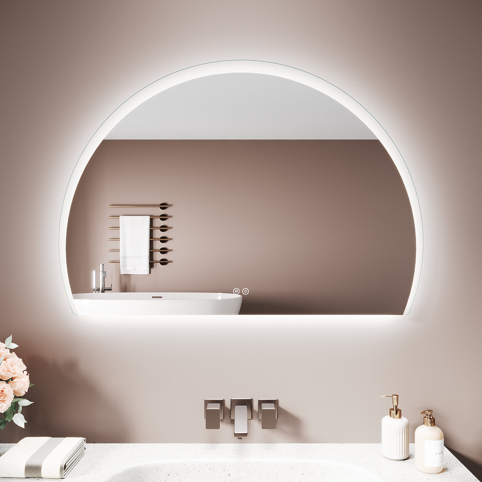 Ivy Bronx Semicircular Bathroom Mirror with Anti-Fog and Ambient Light ...