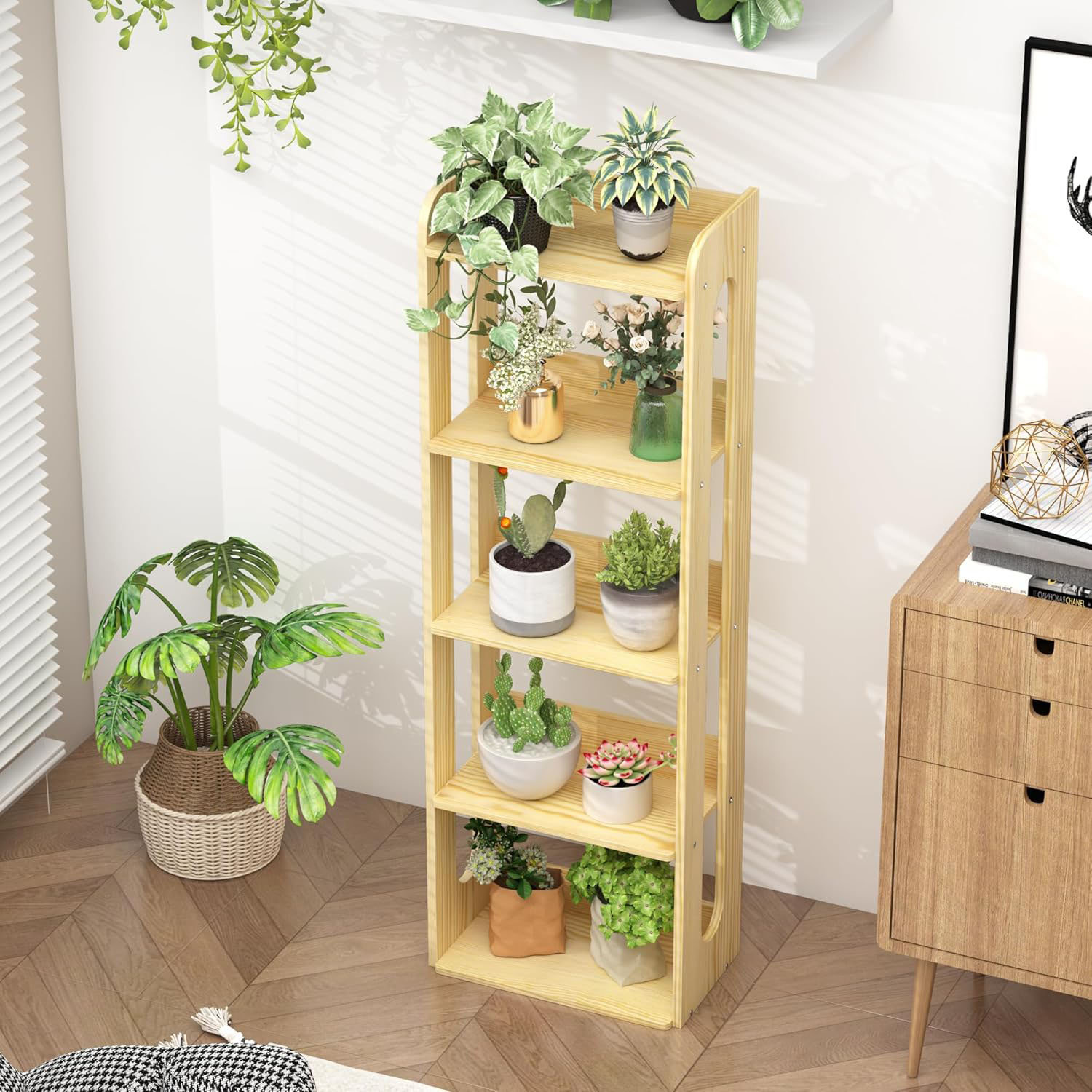 Hokku Designs 5 Tier Tall Solid Wood Bookshelf - Narrow Open Shelf ...
