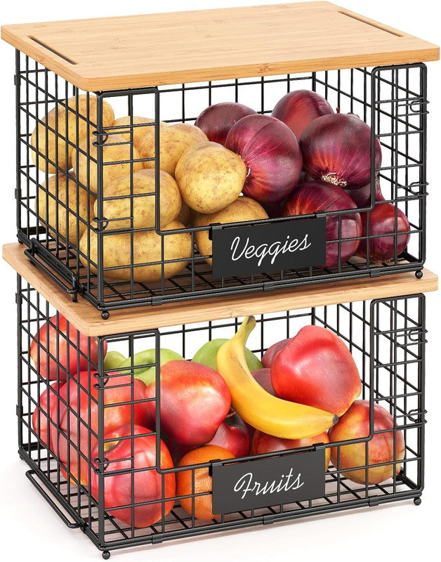 17 Stories 2 Pack Stackable Wire Baskets with Bamboo Top for Pantry ...