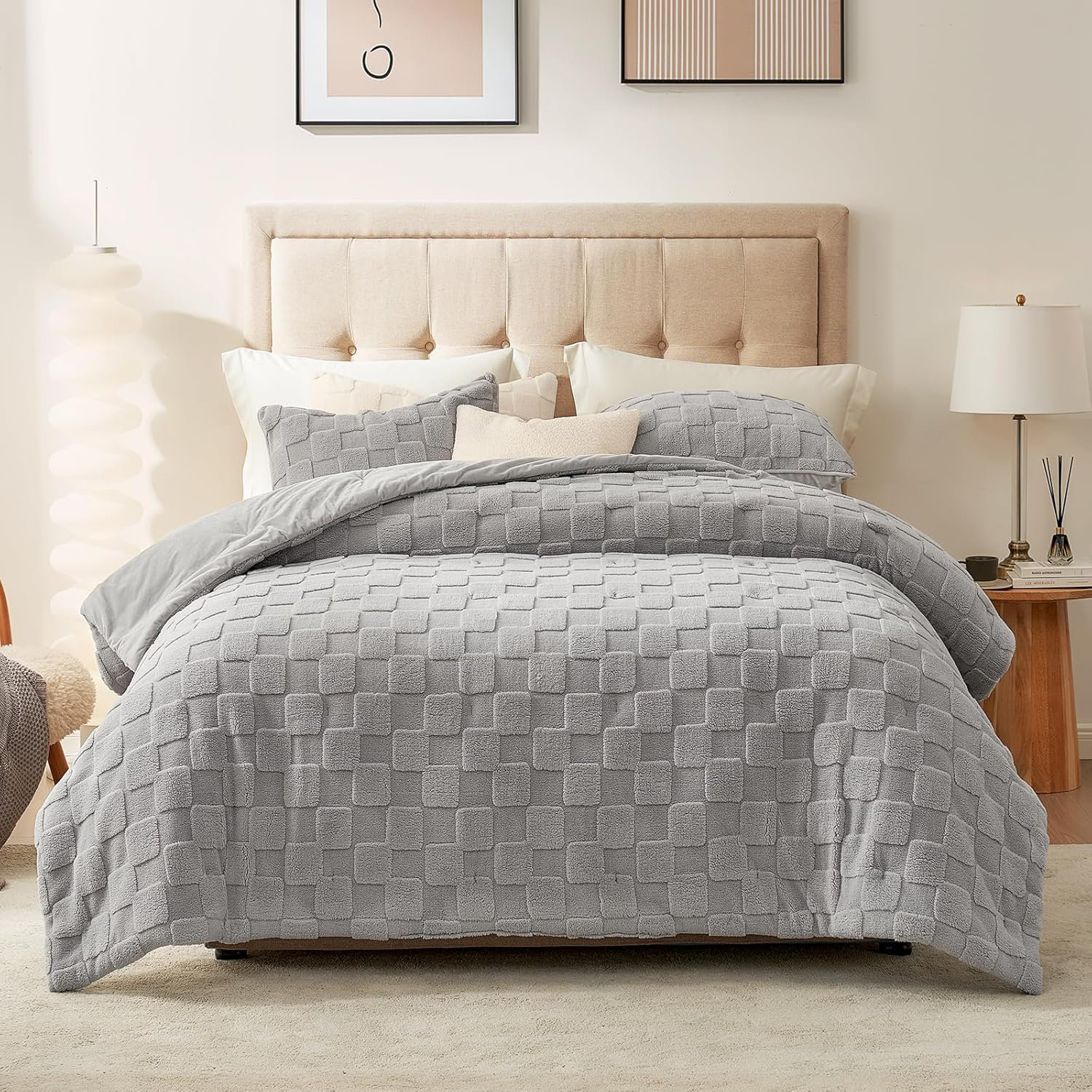 ENDOSTO Fluffy Queen Size Comforter Set Grey, Farmhouse Jacquard ...