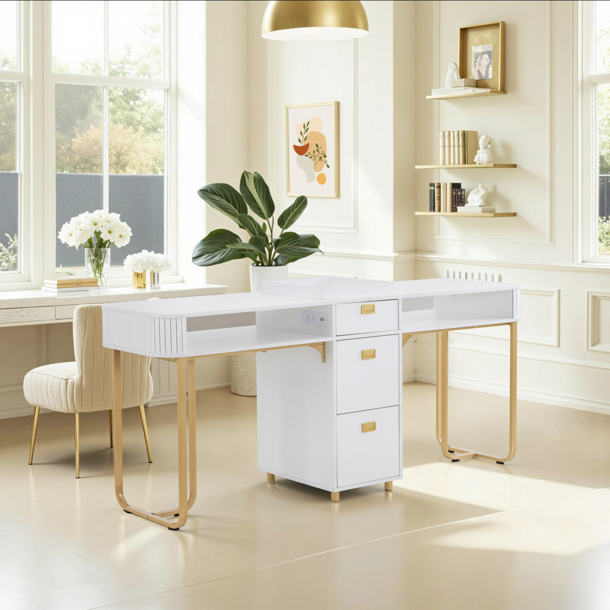 Mercer41 Double Position Nail Desk with Double Built-In AC Outlets ...