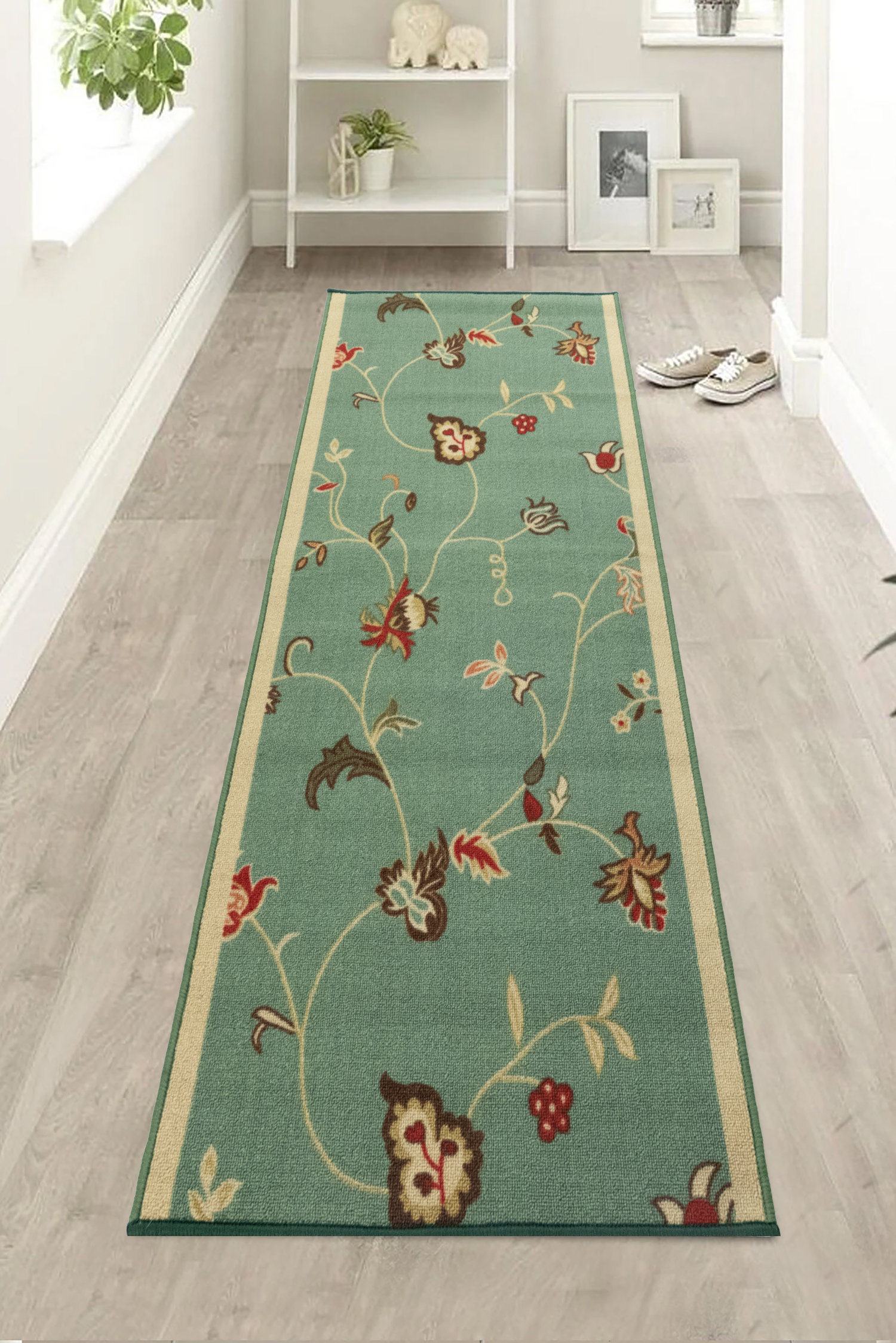 Charlton Home Custom Size Runner Rug Floral Scroll Green Low Pile Slip ...