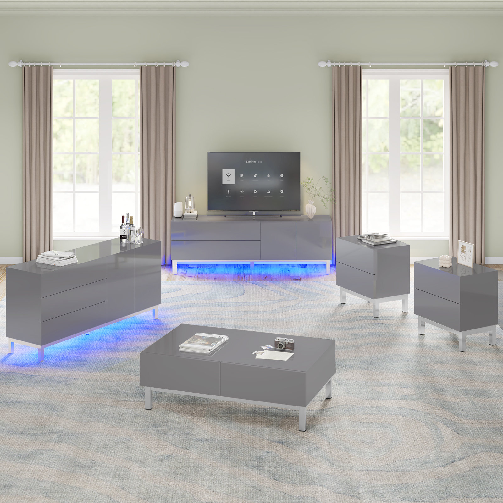 Brayden Studio Akinlolu 5-Piece Modern High Gloss Living Room Table ...