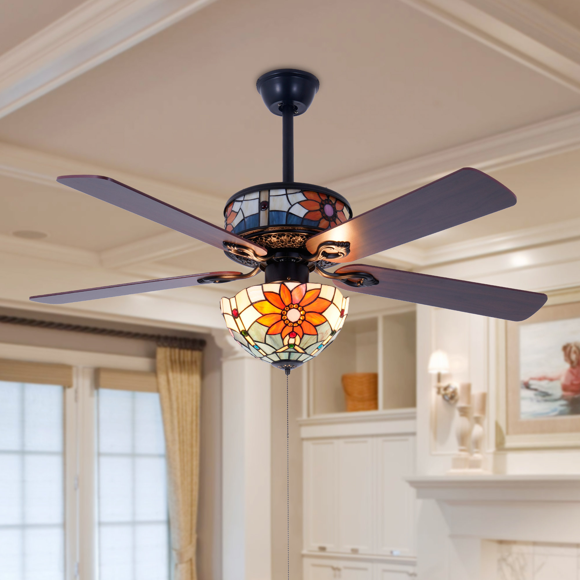 Astoria Grand 5 - Blade Hand-Soldered Stained Glass Ceiling Fan With ...