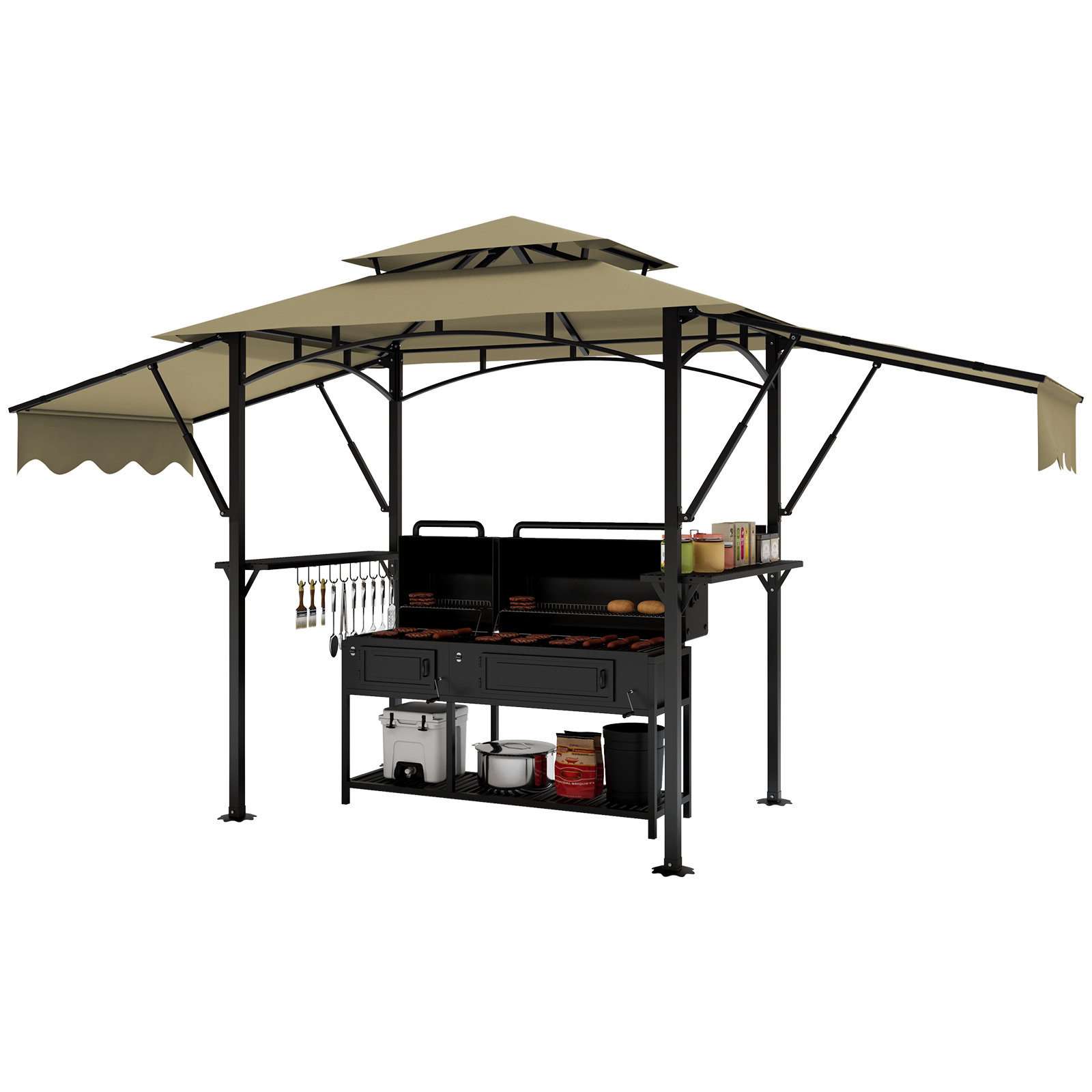 GarveeLife 8' x 5' Grill Gazebo with Extra Shade Canopies and LED ...
