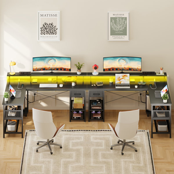 Inbox Zero Reversible Desk With Iron Shelves, Gaming Desk With Led ...