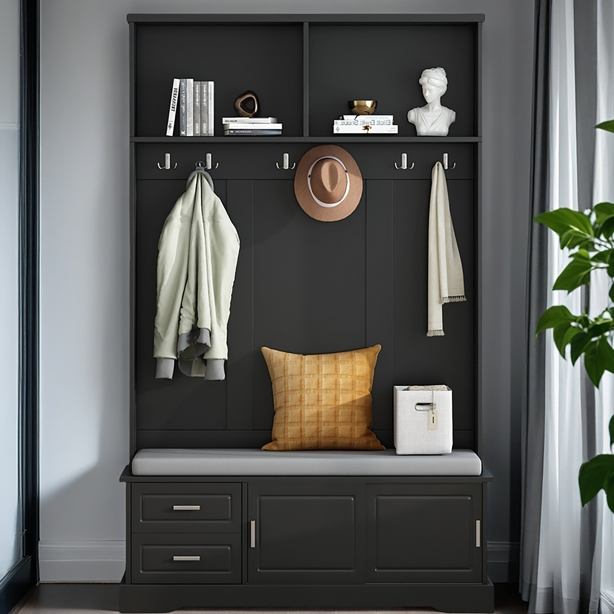Lark Manor Elegant Hall Tree With Sliding Doors, Versatile Coat Rack ...
