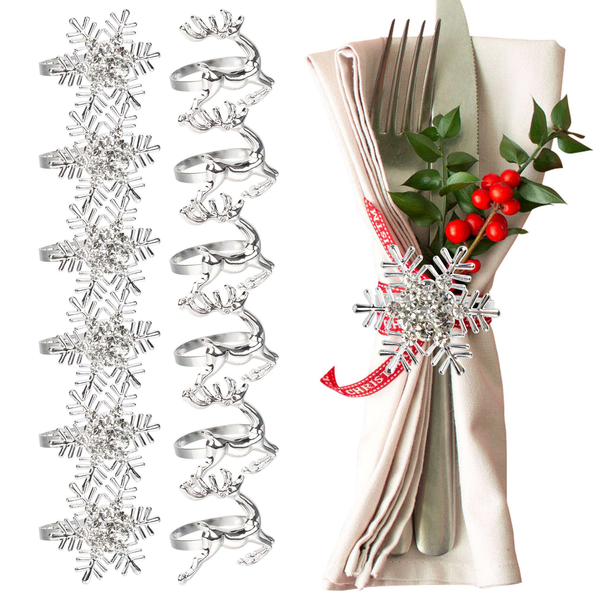 The Holiday Aisle® Christmas Napkin Rings Set of 12 Snowflake Reindeer ...