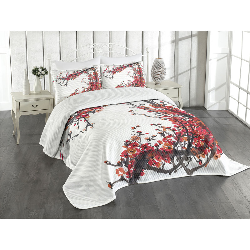 Ambesonne Japanese Bedspread Set Blossom Cherry Sakura Red and Brown ...