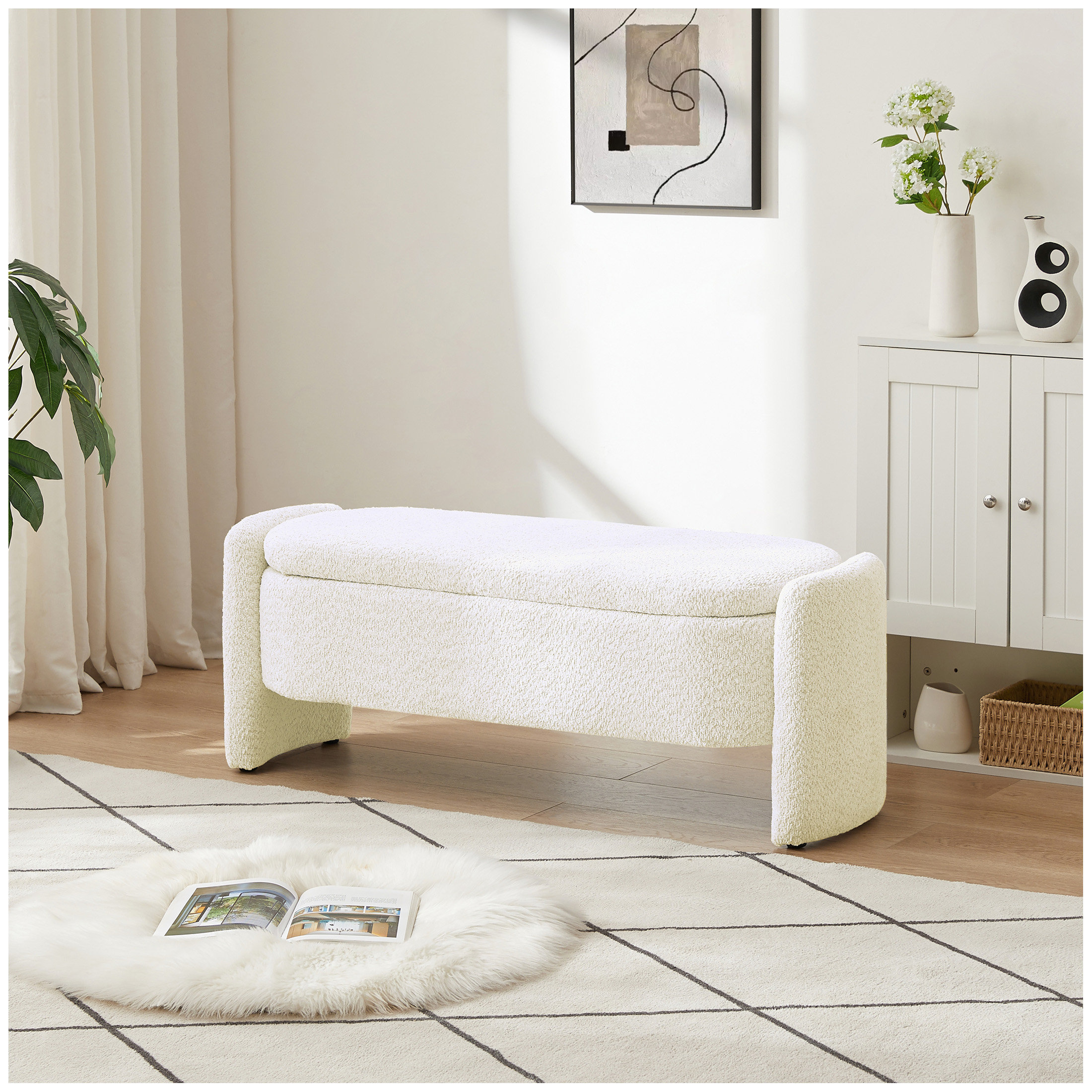 Latitude Run® Ottoman Oval Storage Bench 3D Lamb Fleece Fabric Bench ...