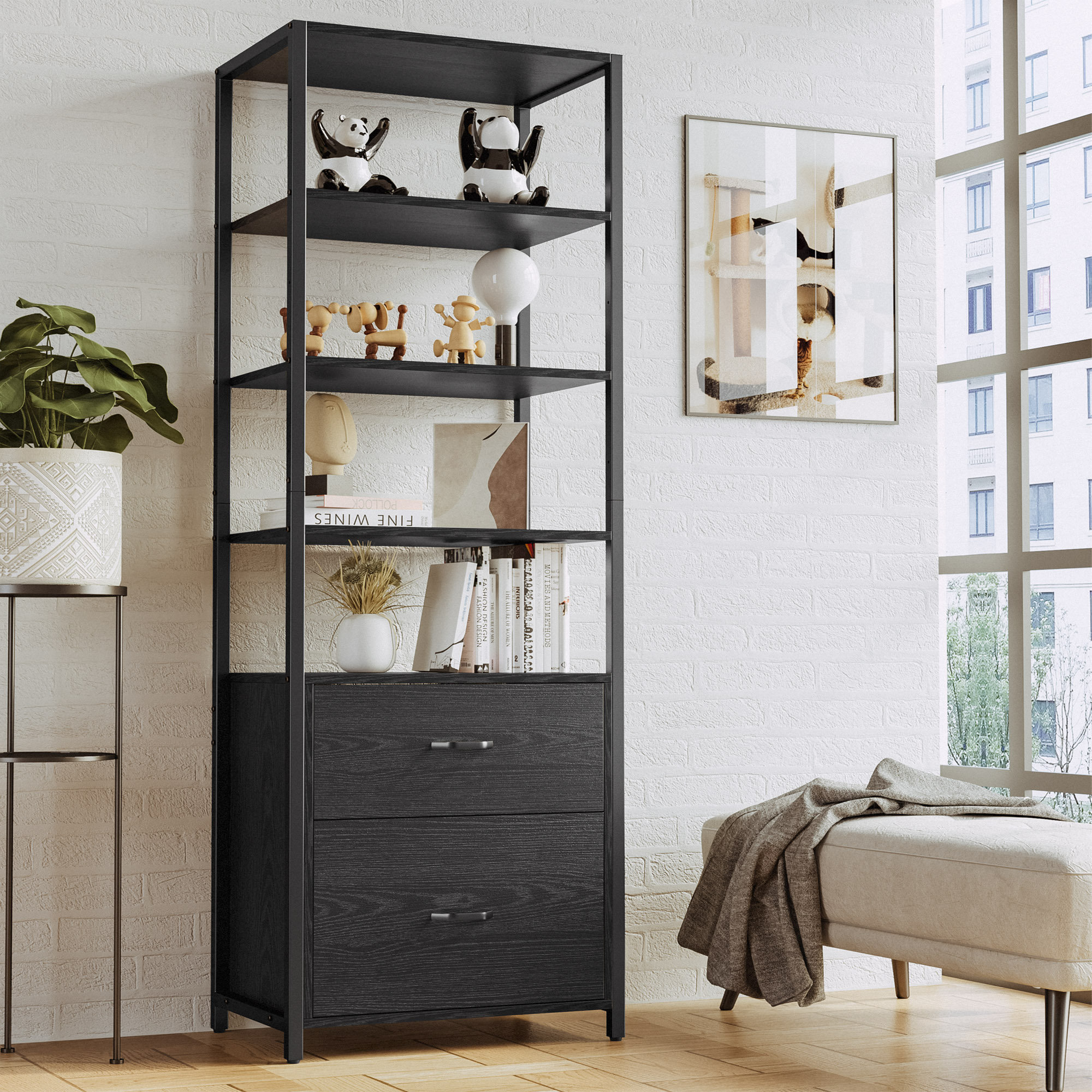 17 Stories 71.6 In Tall Industrial Bookcase With File Cabinet Drawers ...