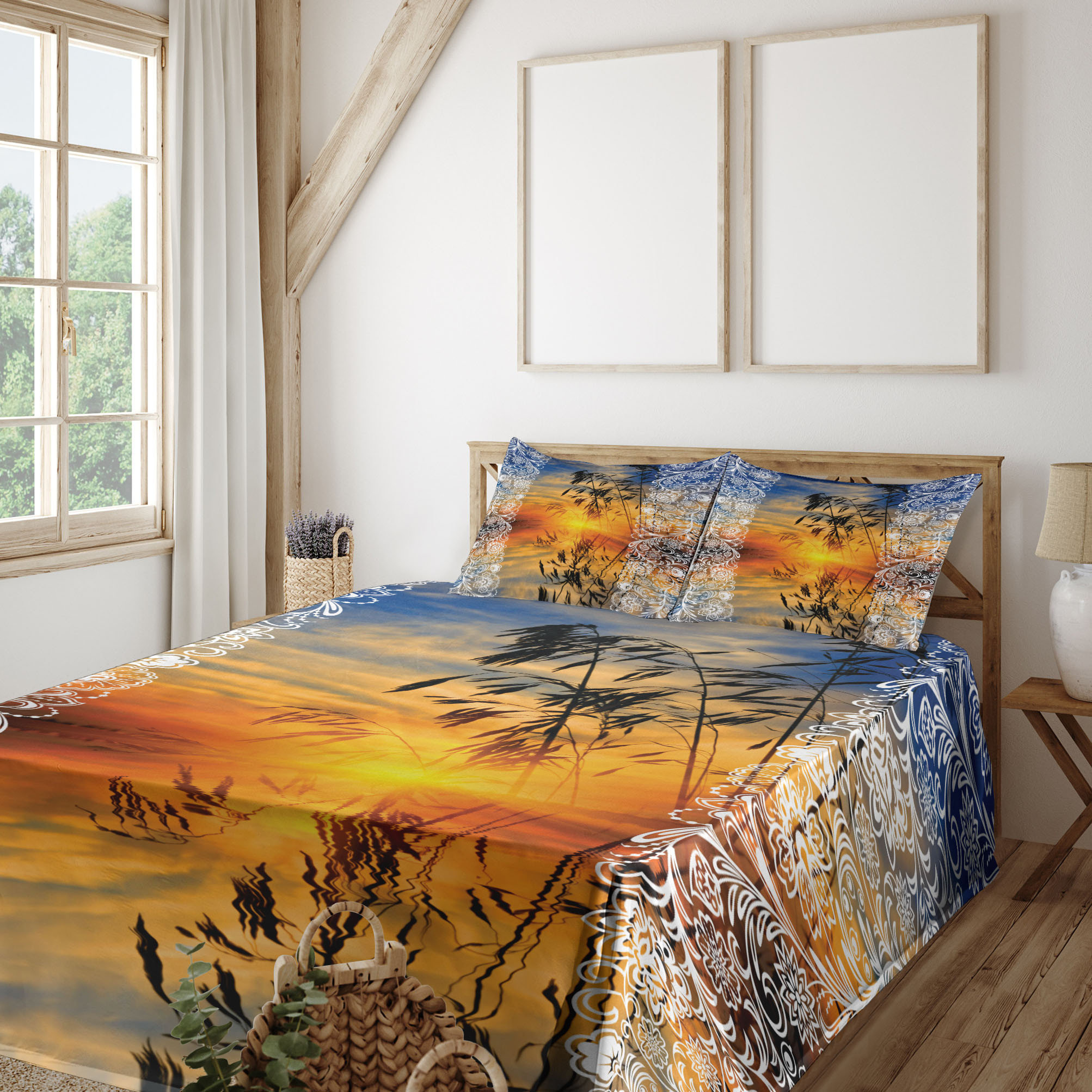 Ambesonne Sunset Sheet Set Victorian Outline Leaves Sun White Earth ...