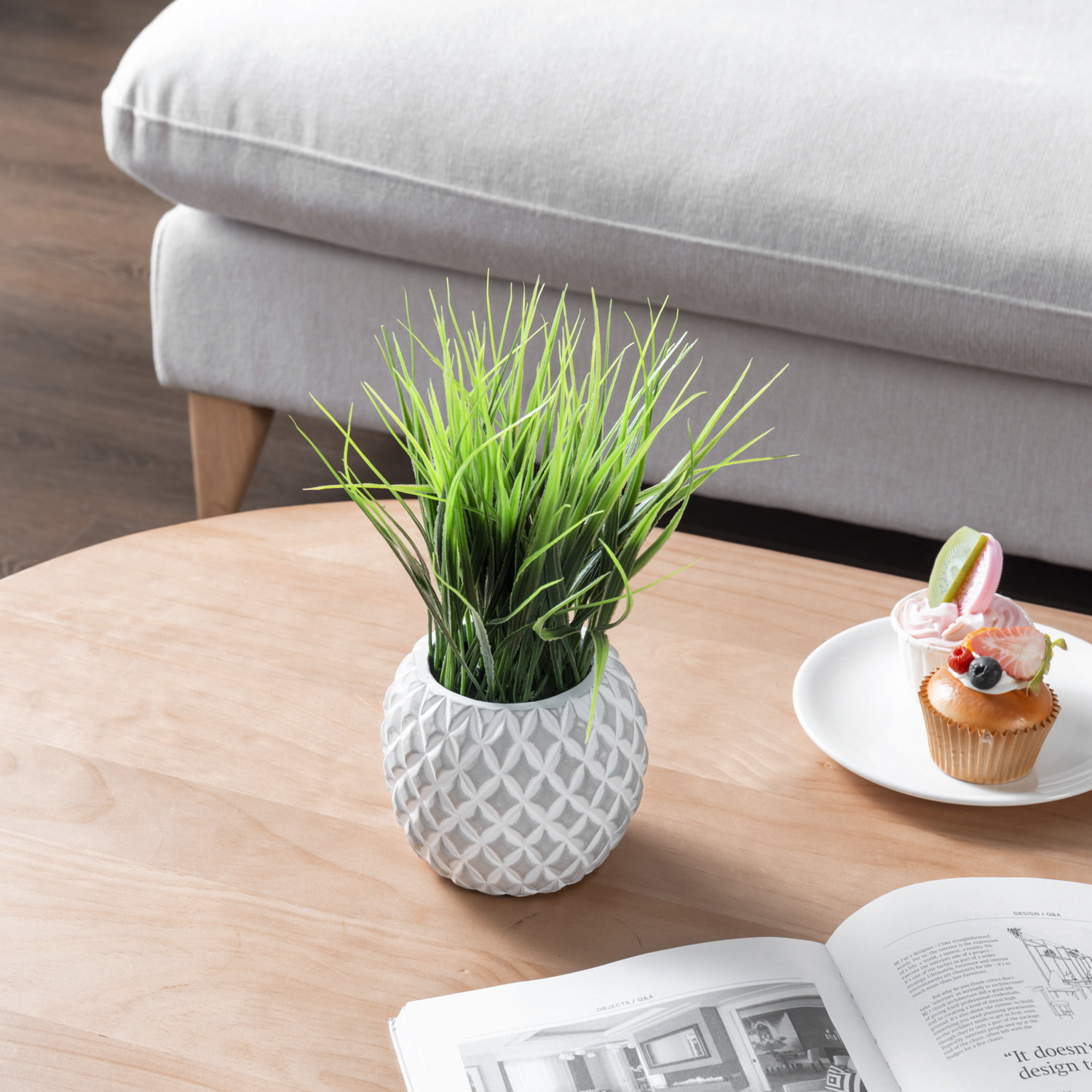 Primrue Artificial Faux Grass Plant in Round Embossed Planter Pot | Wayfair