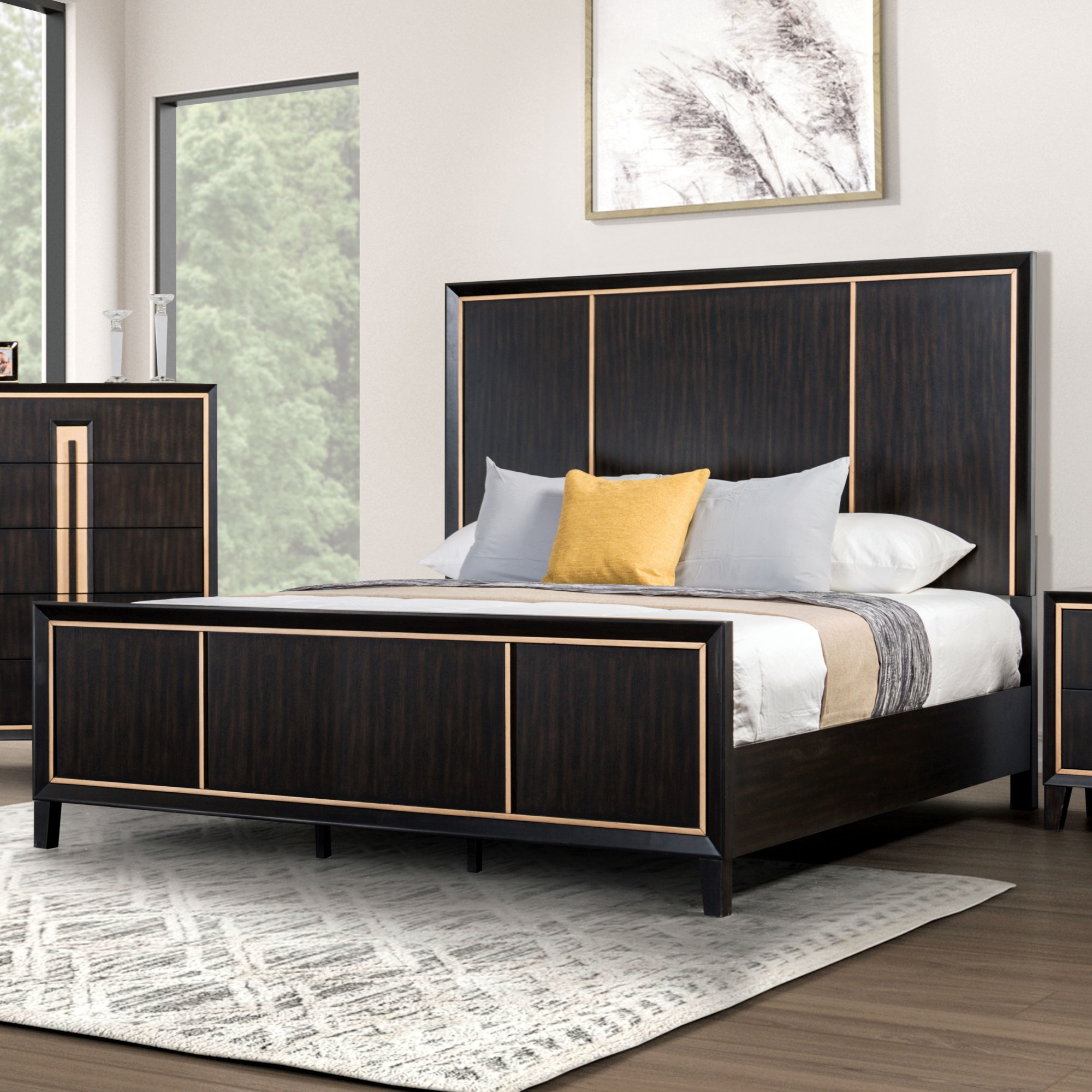 Latitude Run® Bedroom Furniture Bed Espresso High Panel Headboard Gold ...
