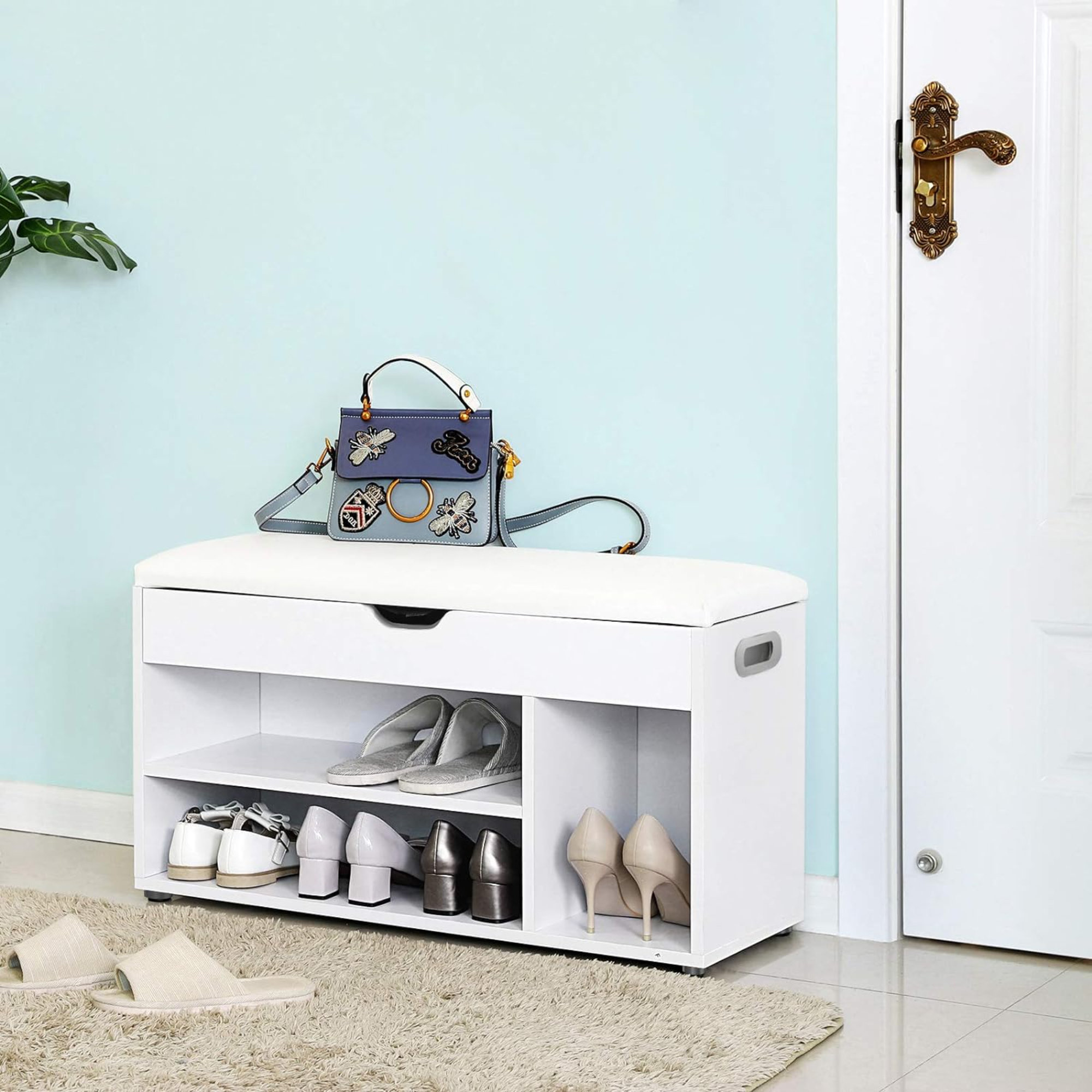 Ebern Designs Modern White Shoe Bench with Padded Seat and Storage ...
