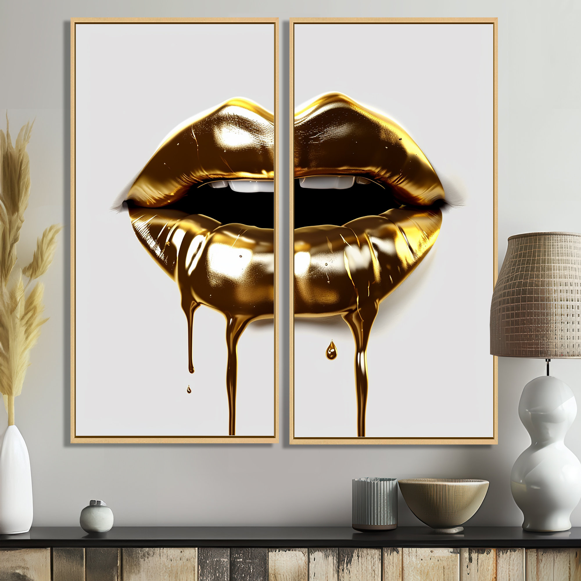 Mercer41 Gold Lips Of Luxury VI - Gold Canvas Wall Art 2 Pieces | Wayfair
