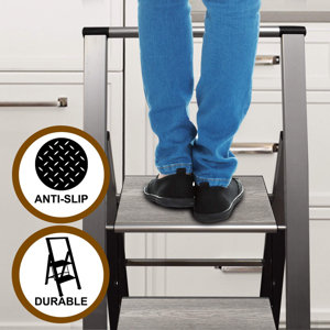 Sorfey Premium 3 Step Modern Gray Wood Ladder. Lightweight, Ultra Slim ...