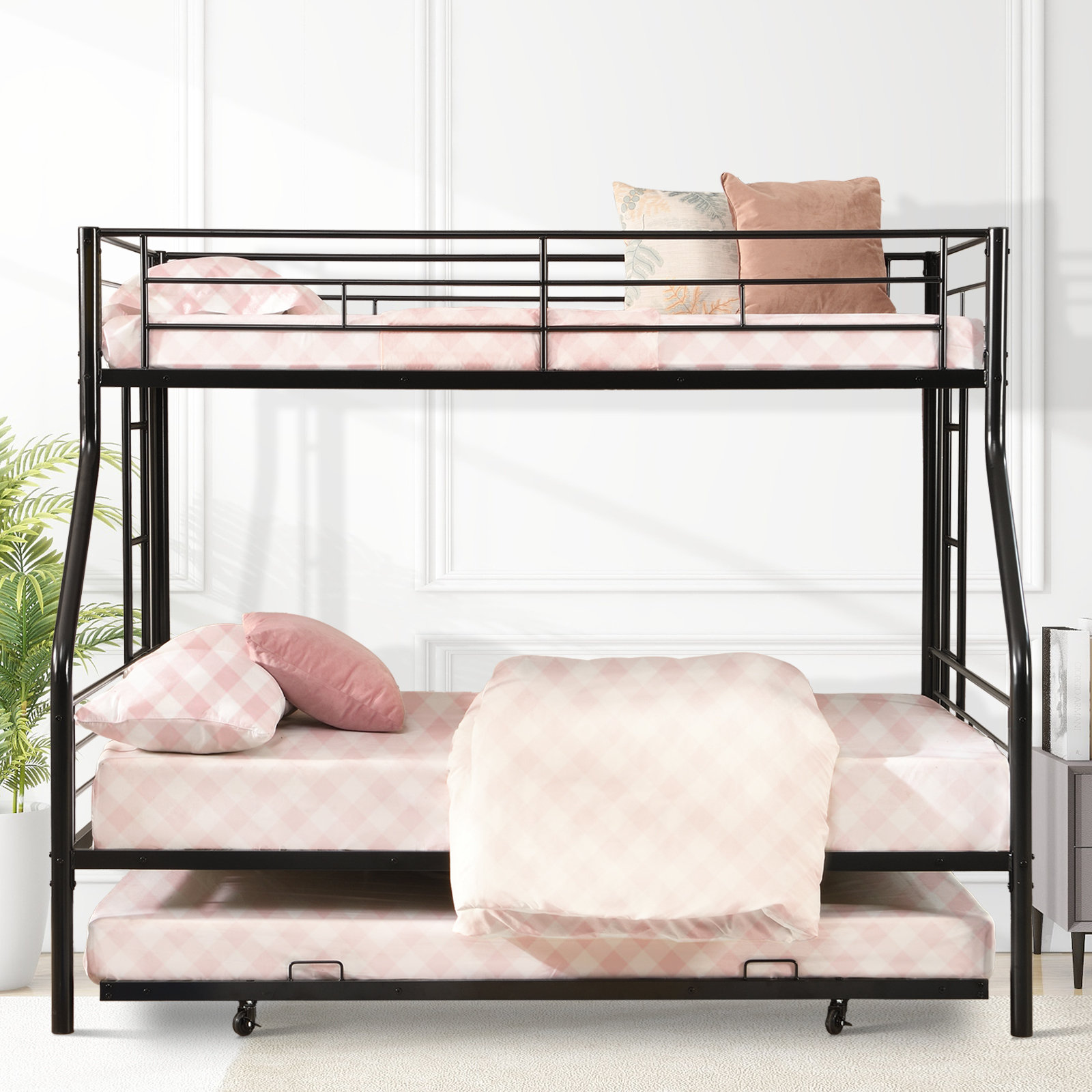 Latitude Run® Metal Twin Over Full Bunk Bed With Trundle, Ladder, Full ...