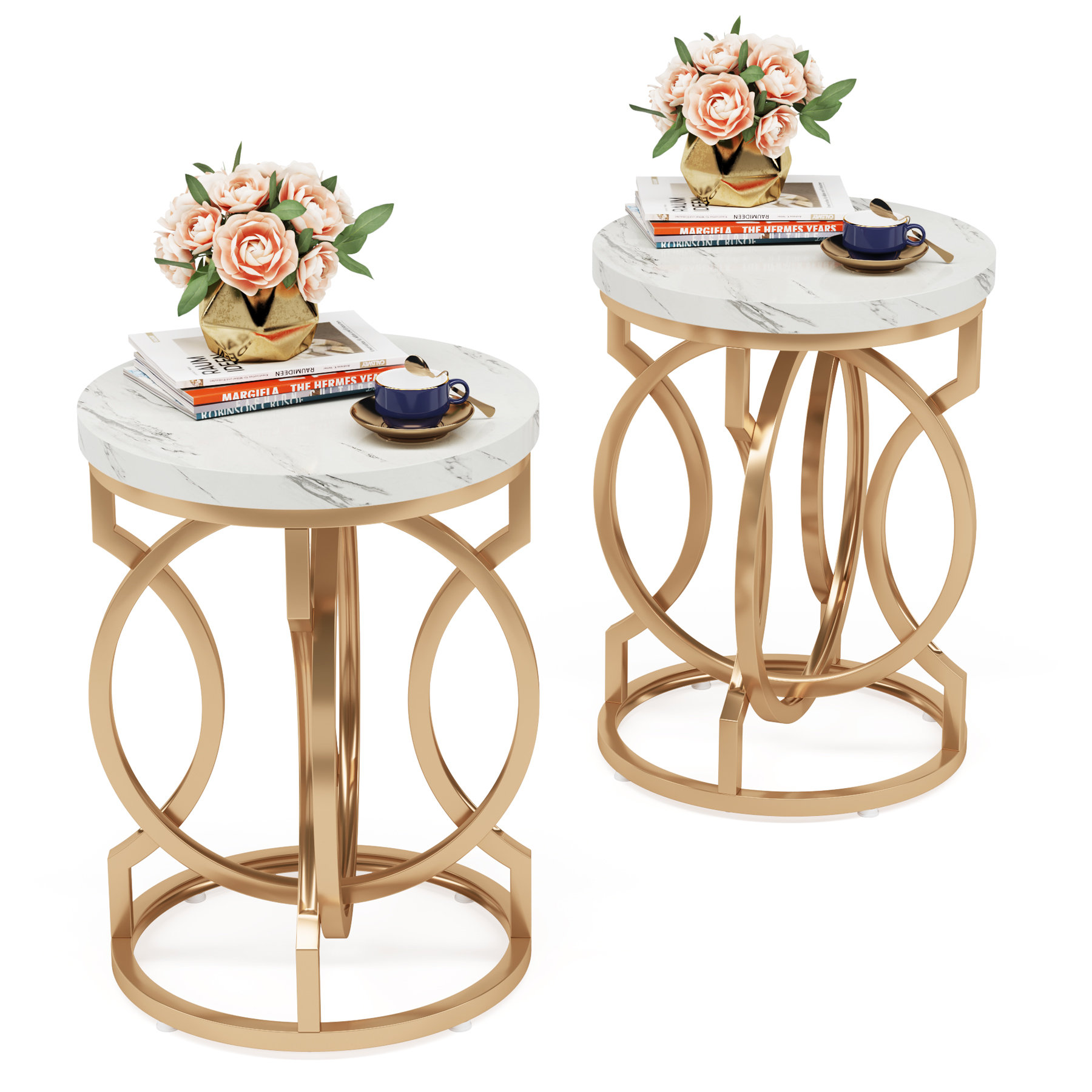 Mercer41 Modern Round End Table Set Of 2 With Faux Marble Texture ...