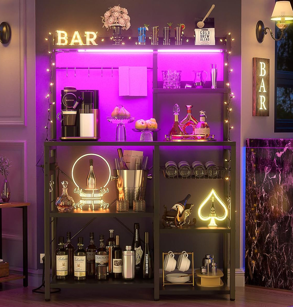 Orren Ellis Bakers Rack With Power Outlet And LED Light Strings,Coffee ...