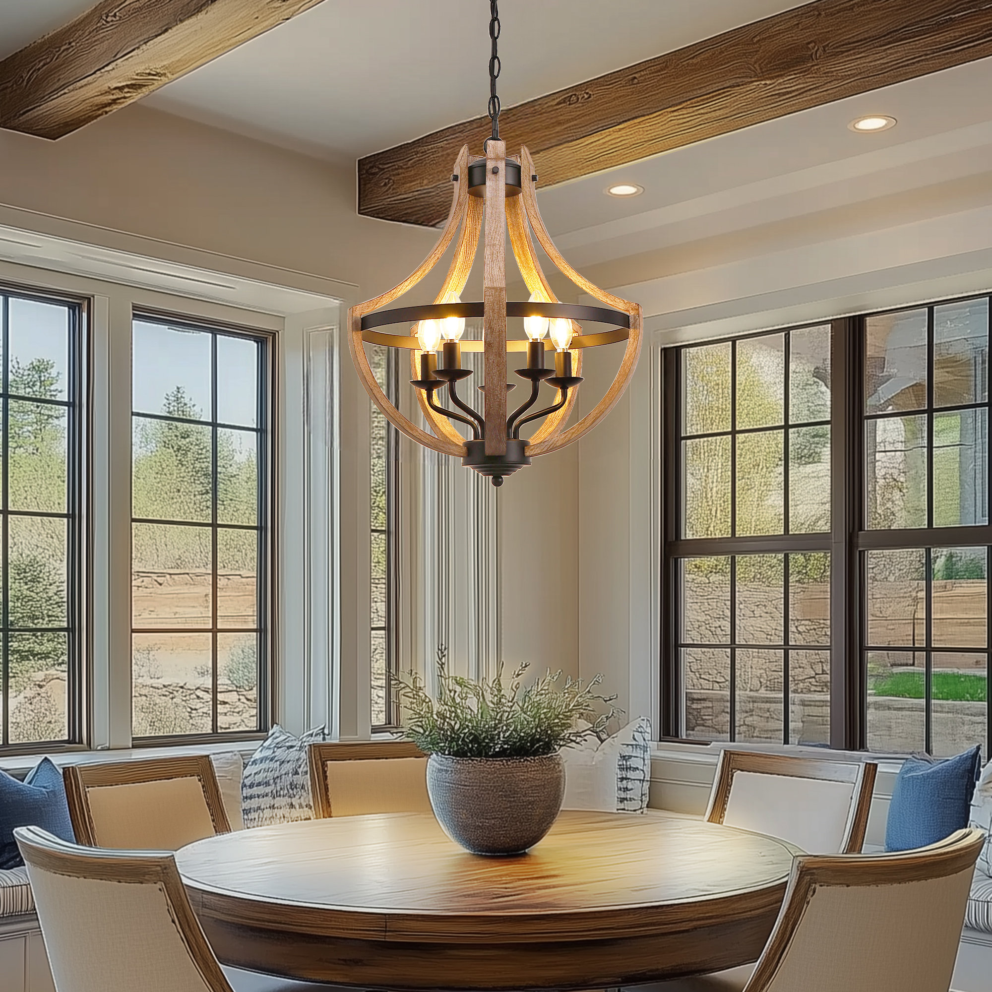 Ophelia & Co. 5-Light Farmhouse Wood Chandeliers For Dining Room | Wayfair