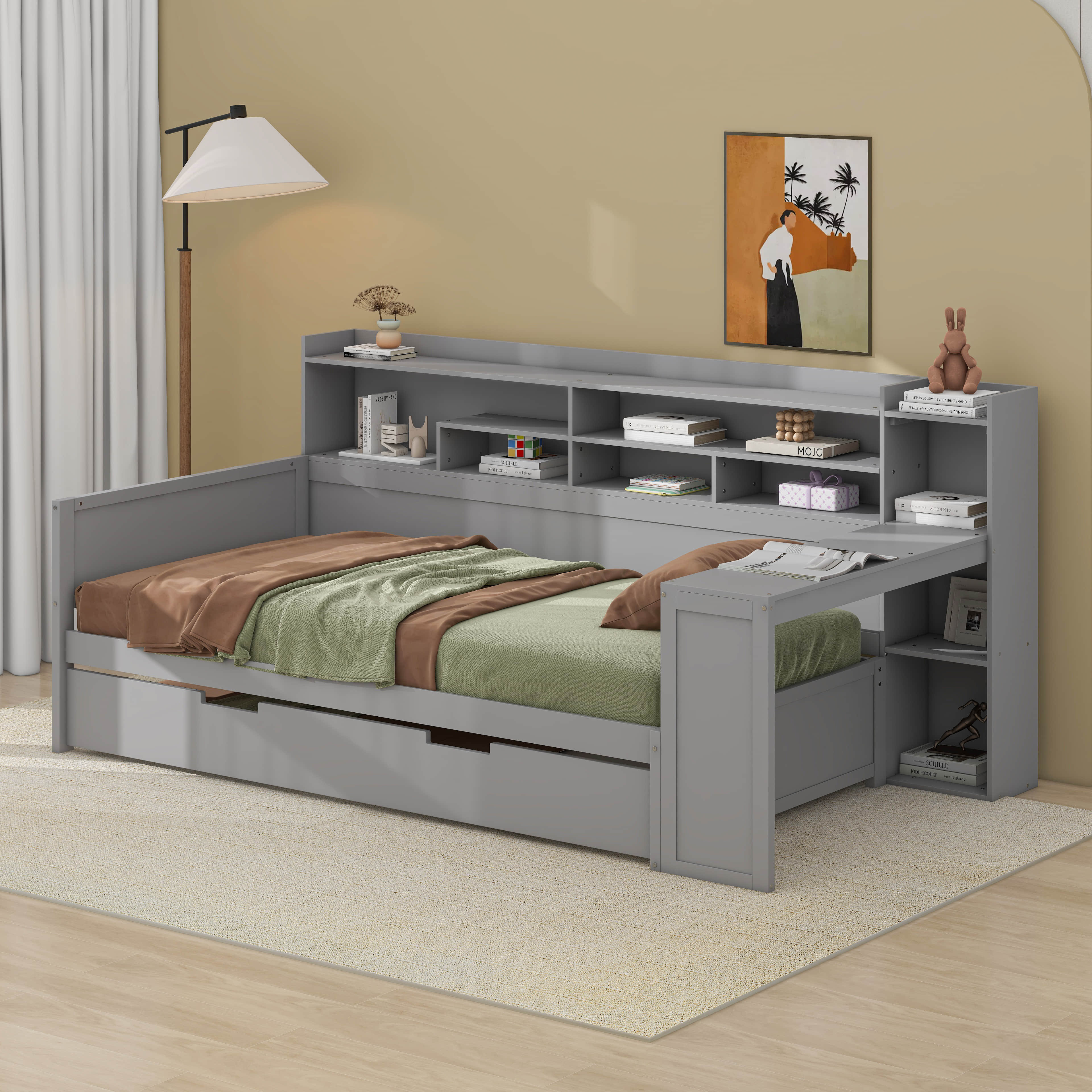 Cosmic Wooden Daybed With Storage Shelves, Multi-Functional Bed With ...