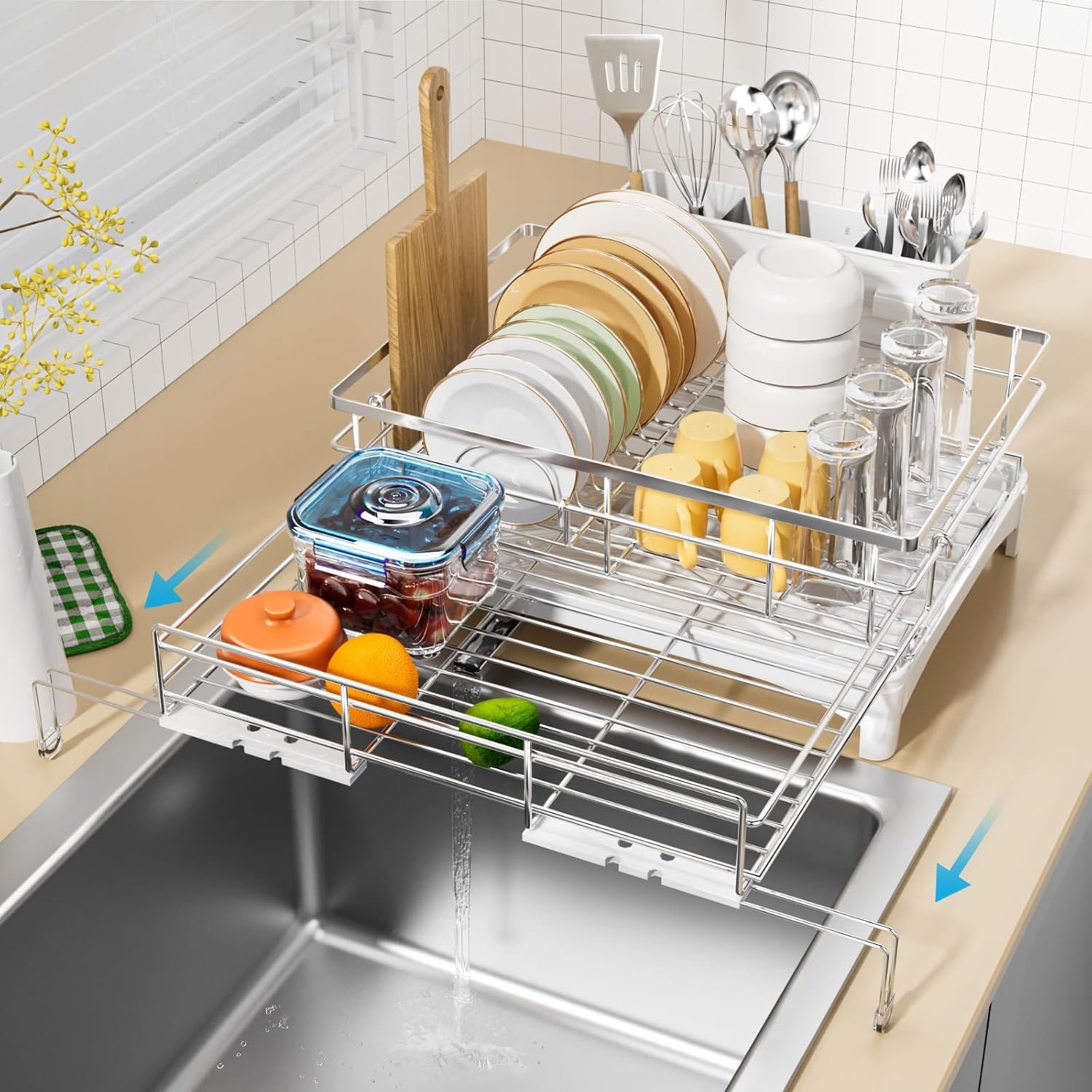 WKING Expandable Stainless Steel Dish Drying Rack With Utensil Holder ...