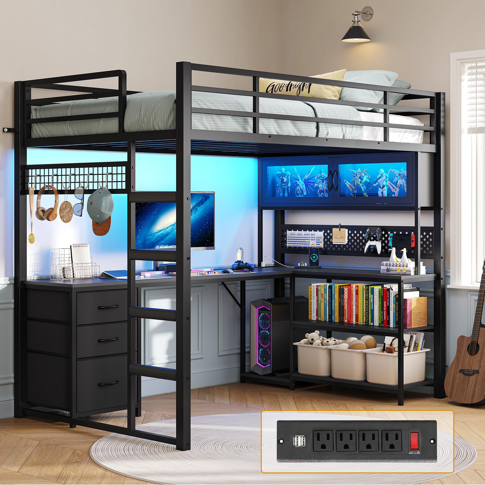 HAUOMS Twin Size Loft Bed With L-shaped Gaming Desk, Hutch & Storage ...