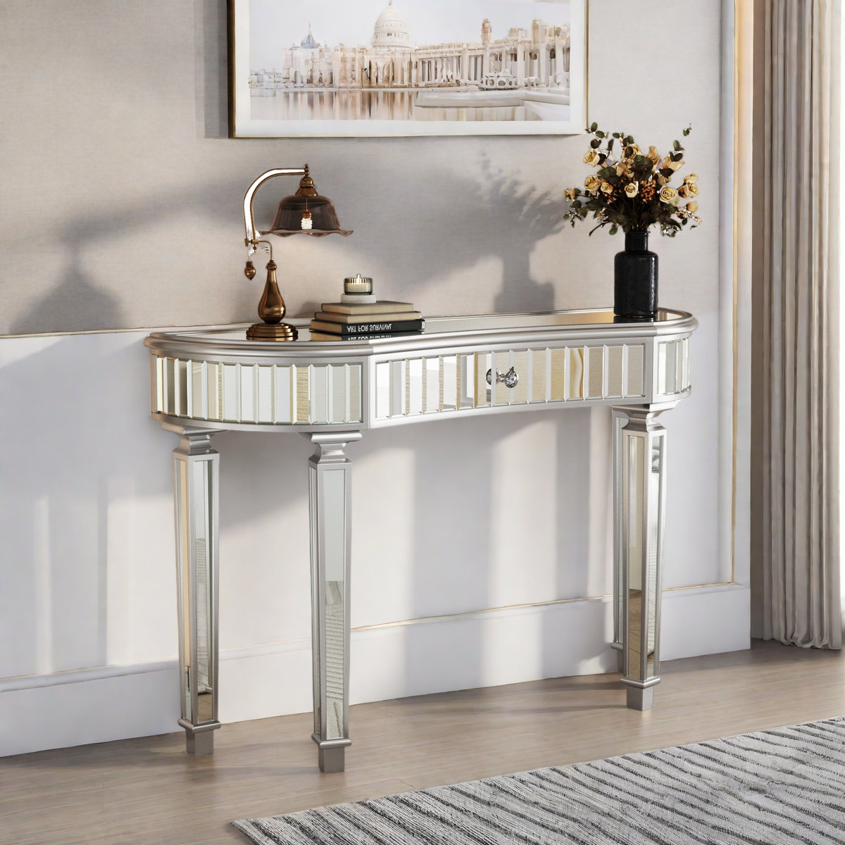 House of Hampton Half-moon Mirrored Console Table With Fluted Glass And ...