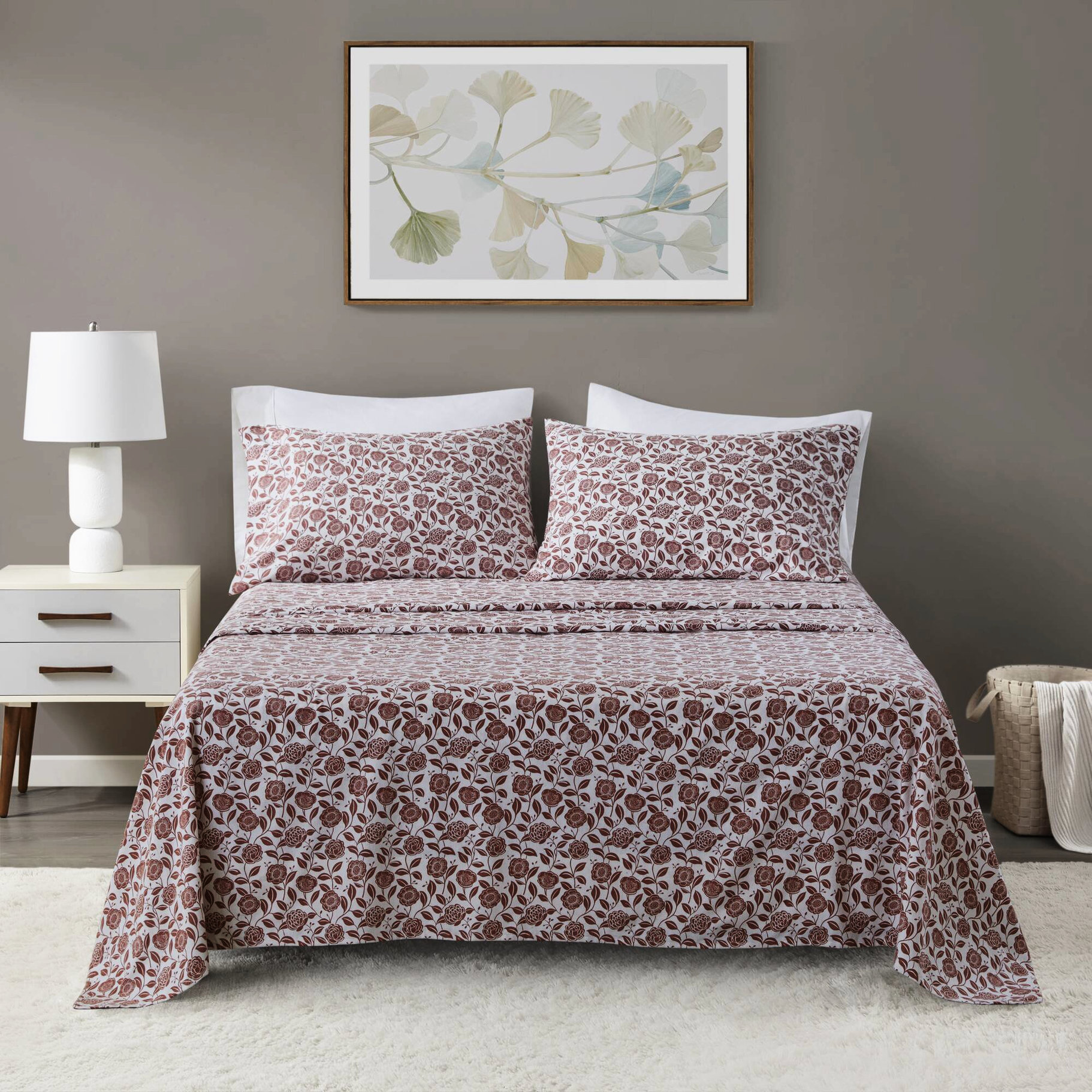 Wovilo Rust Floral 4 Pcs Queen Sheet 100% Cotton Flannel Luxury ...