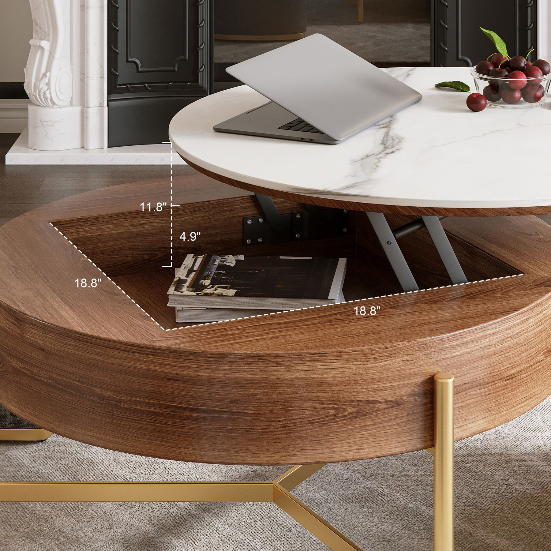 Everly Quinn Modern Lift-Top Round Coffee Table with Hidden Storage ...