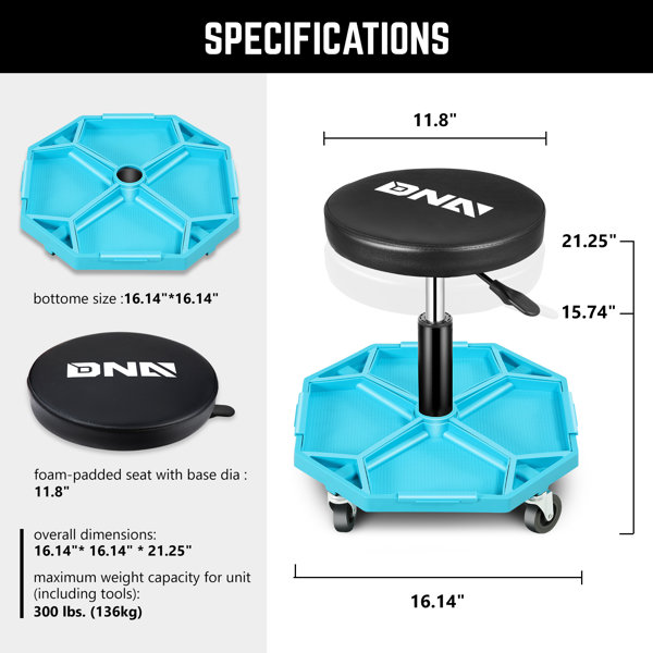 DNA Motoring 300LBS Adjustable Height Mechanics Rolling Seat Creeper ...