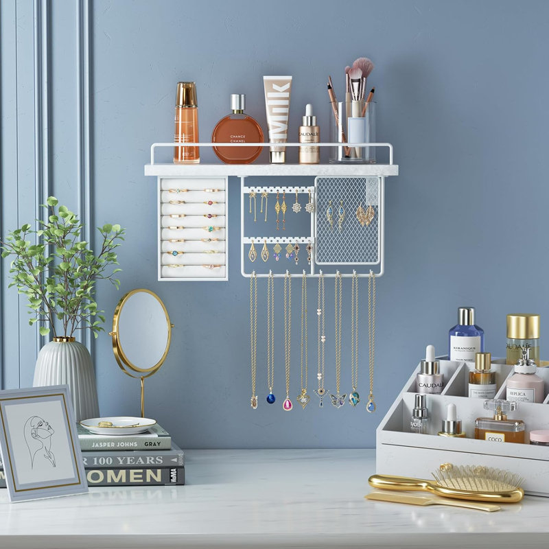 Latitude Run® Wall Mounted Hanging Jewelry Organizer With Wood Shelf ...