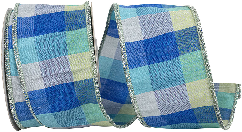 The Holiday Aisle® Blue Dupioni Plaid Ice Blue Wired Edge Ribbon | Wayfair