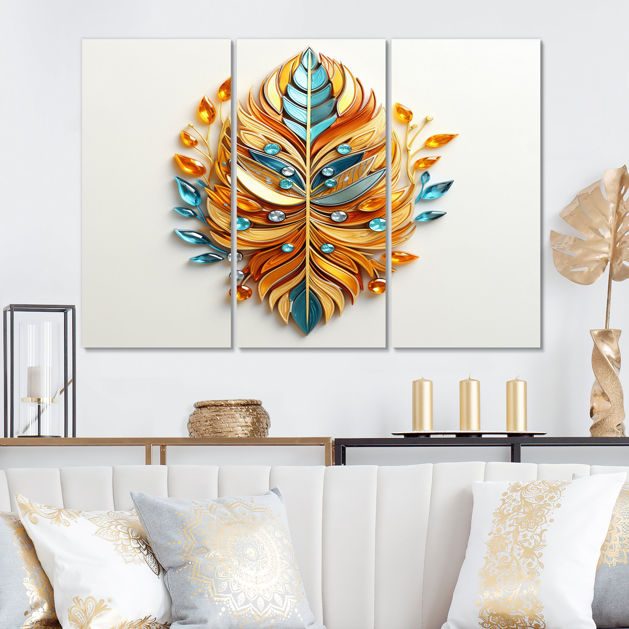Design Art Boho Glam Amber Gold And Turquoise Theater - Feathers Canvas ...