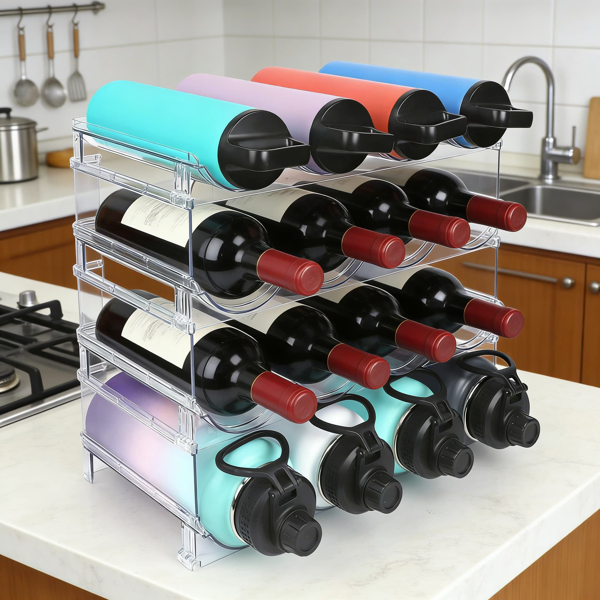 Prep & Savour Clear Stackable Bottle Organizer Rack, 4-Tier Storage For ...
